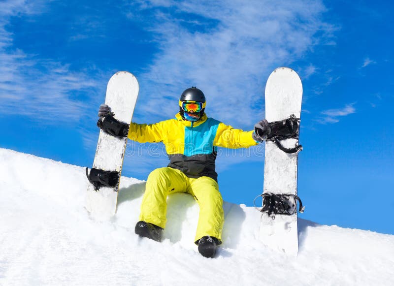 Snowboarder Sitting Snow Slope Snowboards Stock Photo - Image of season ...