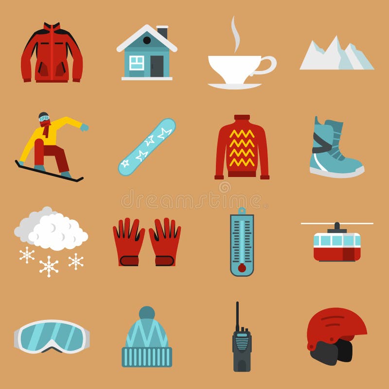 Snowboarding Icons Set, Flat Style Stock Vector - Illustration of ...