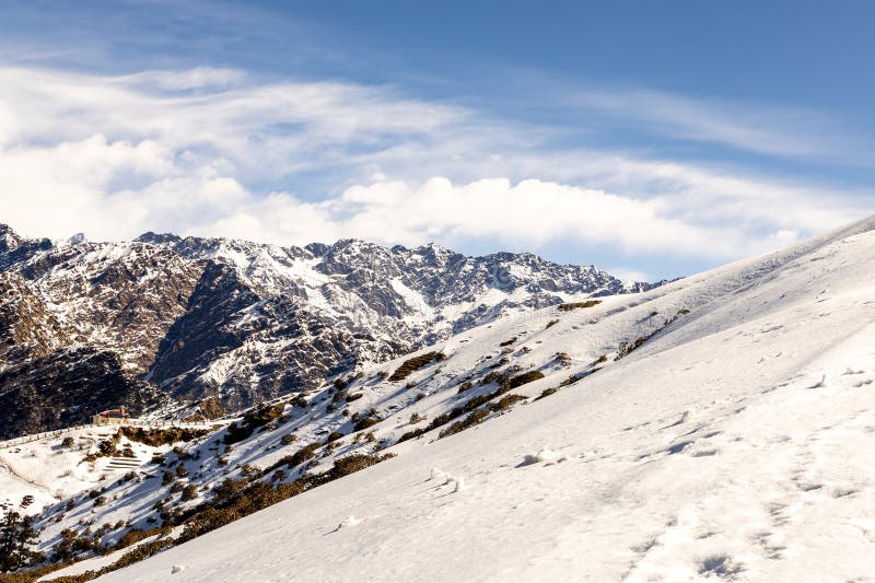 Snowcap Mountain Range with Bright Blue Sky at Morning Stock Image ...