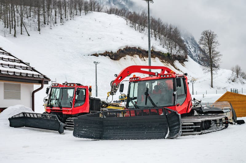 Snowcat Preparation Ski Slope Stock Photo - Image of transport, power ...