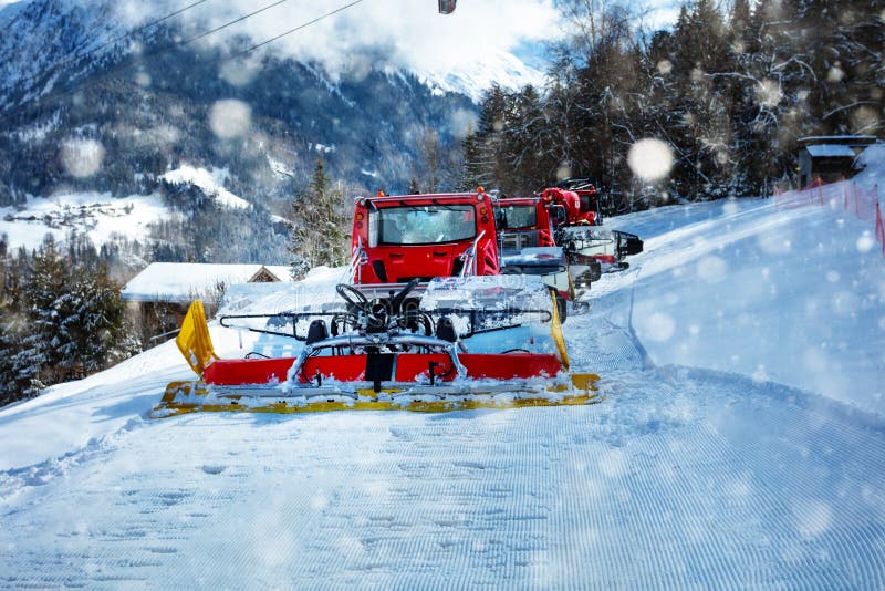 Snowcat Ratrack Machine Make Snow at Ski Resort during Snowfall Stock ...