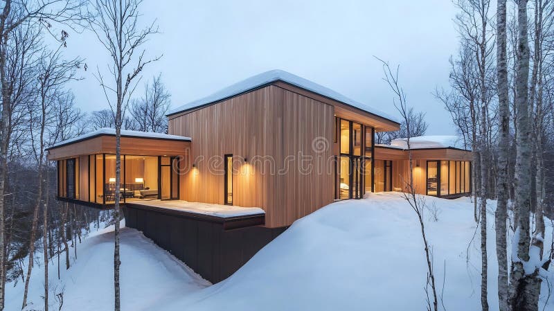 Snowcovered Alpine Cabin Angular Design Warm Cedar Interiors Stock ...