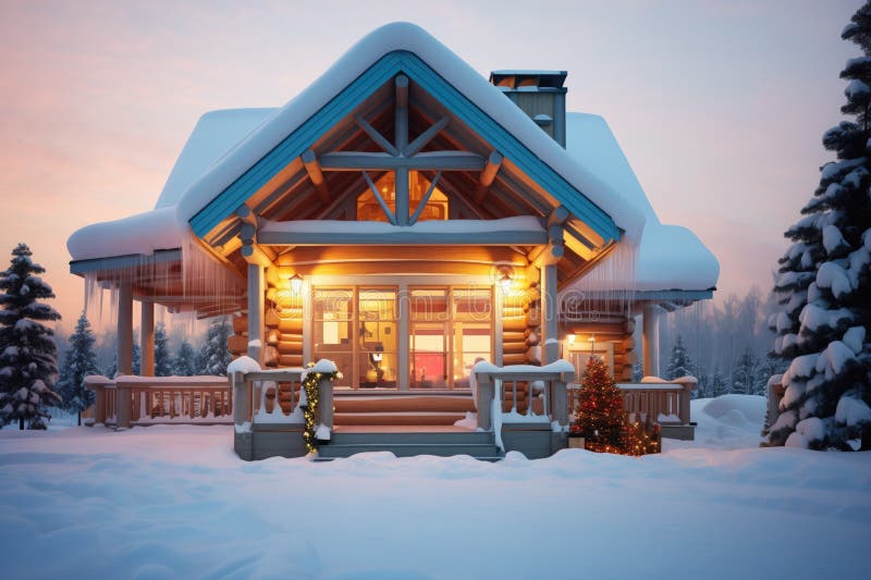 Snowcovered Cabin at Dusk with Lit Windows Stock Photo - Image of home ...