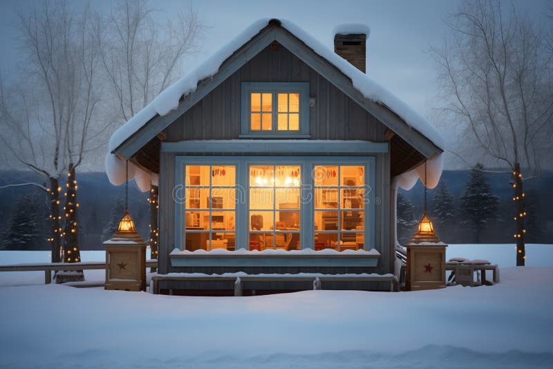 Snowcovered Cabin at Dusk with Lit Windows Stock Image - Image of ...