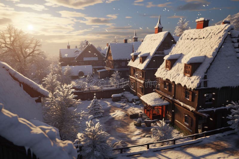 Snowcovered Rooftops and Charming Winter Scenes Stock Illustration ...