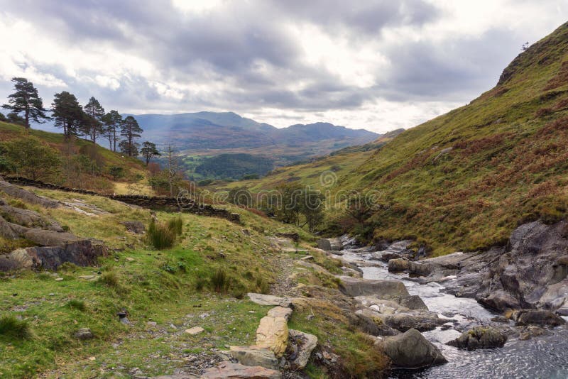 Snowdonia Landscape. River Flows Down the Mountain. Stock Image - Image ...