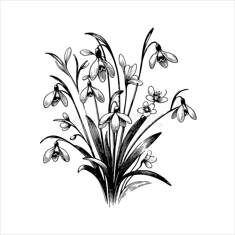 Snowdrop Flower Black White Isolated Sketch Illustration Vector Hand ...