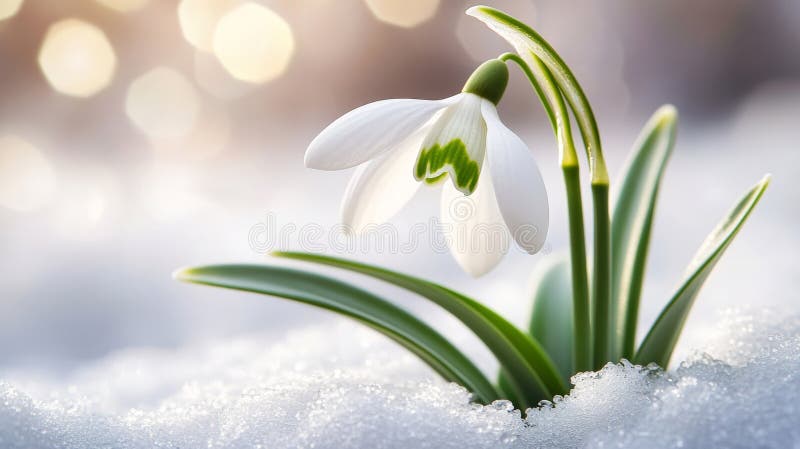 Snowdrop Flower Emerging through Snow in Sunlight, Symbol of Spring and ...