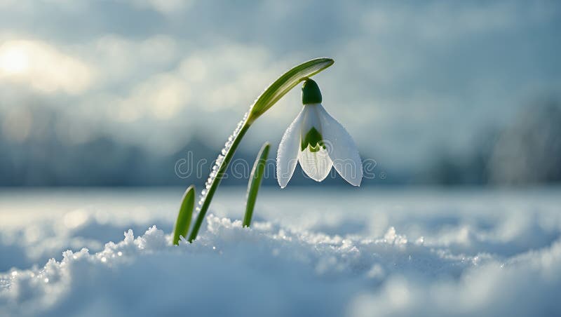 Delicate Snowdrop Flower Emerging from Winter Snow Stock Illustration ...