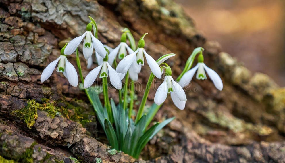 Snowdrop Flowers Blooming on a Tree Bark in an Early Spring Setting ...
