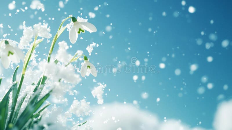 Snowdrop Flowers Emerging from Snow Under a Clear Blue Sky, Celebrating ...