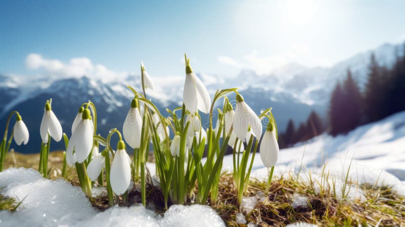 Snowdrop Flowers in the Mountains in Spring. Snow on the Ground ...