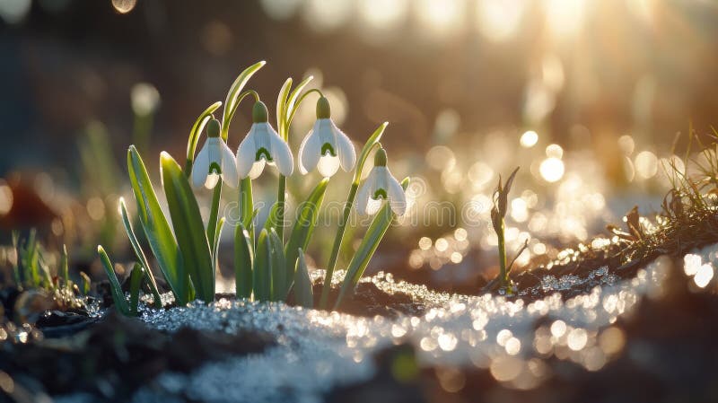 Snowdrops Emerging from Melting Snow at Sunrise, Symbolizing Early ...