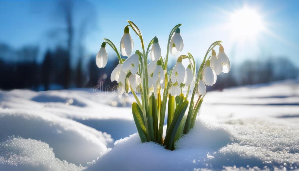Snowdrops Emerging from Snow Under a Clear Blue Sky with Bright ...