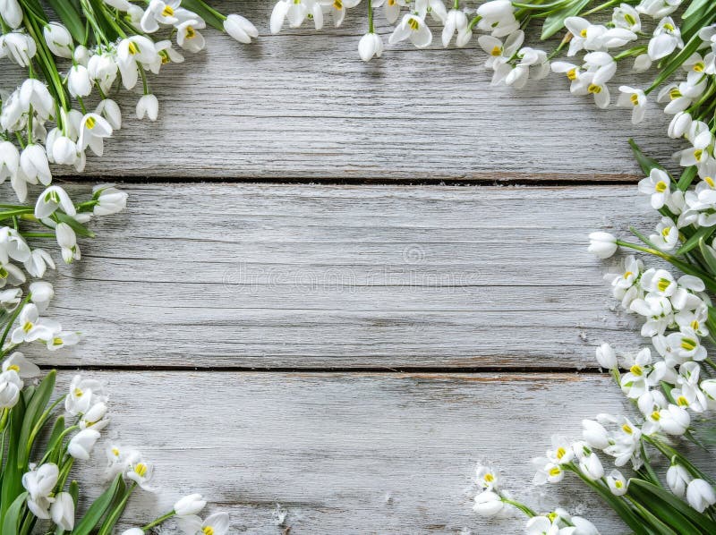 Snowdrops, the First Spring Flowers, Create a Frame on a Wooden Surface ...