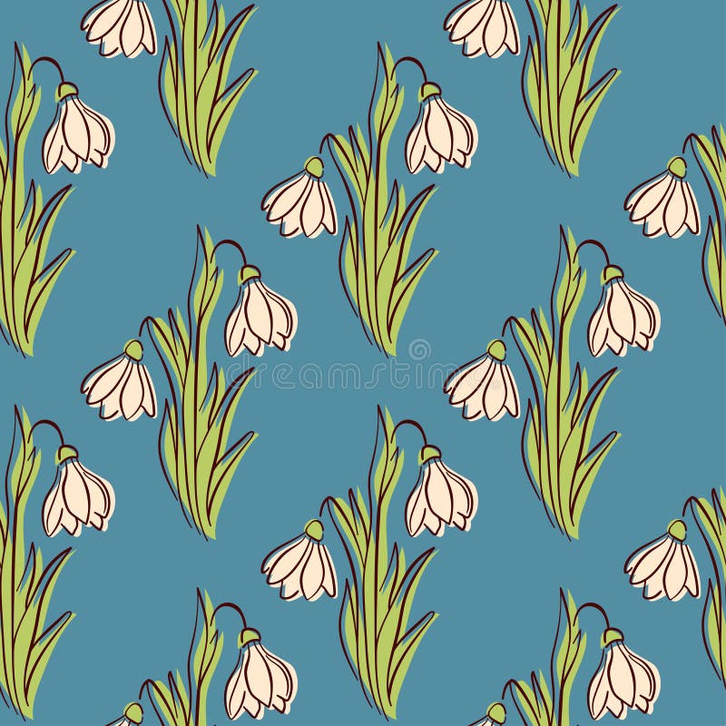Snowdrops Flower on Blue Background Seamless Pattern in Flat Style ...