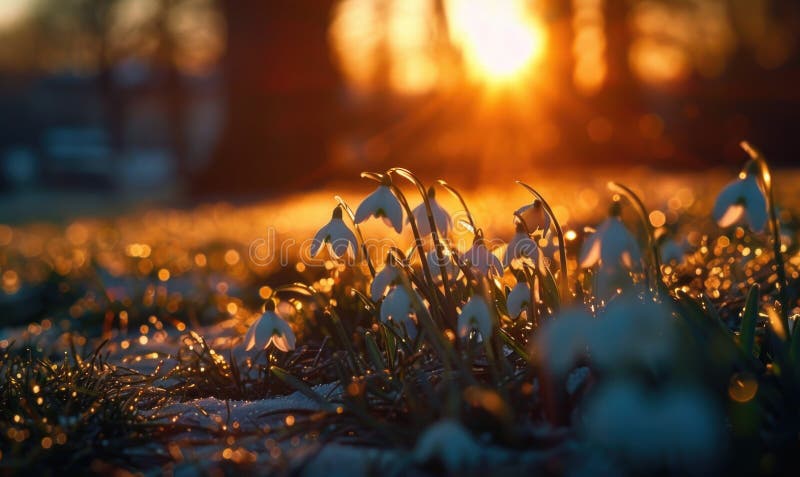 Snowdrops in a Garden at Golden Hour, Spring Flowers Background Stock ...