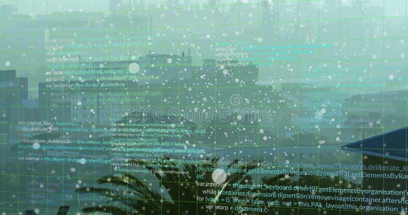 Snowfall Animation Over Cityscape with Visible Programming Code and Palm Tree Stock Video ...