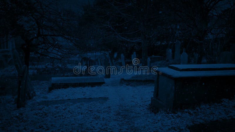 Snowfall on Churchyard at Night Stock Video - Video of gravestone, dark ...