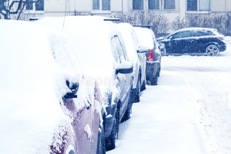 Snowfall in the City, Cars Overwhelmed with Snow Stock Image - Image of ...