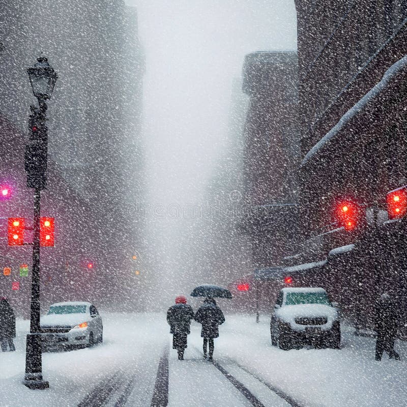 Snowfall on a city street stock photo. Image of life - 299694568