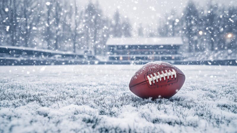 During a Snowfall, a Football Sits on a Snowy Field Inside a Stadium ...