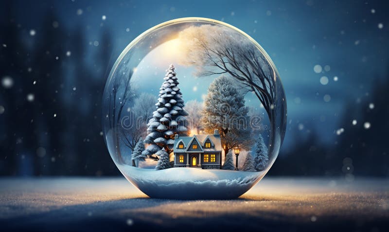 Snowfall House and Tree Inside Glass Ball, Ai Generative Stock ...