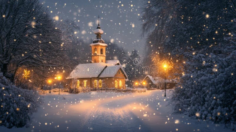 Snowfall Illuminates a Winter Church Scene at Night Stock Illustration ...