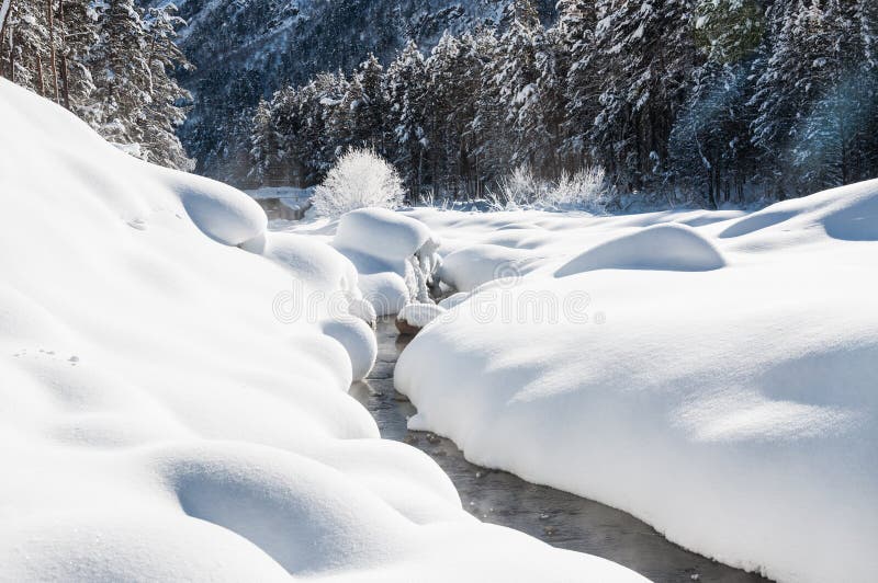 Snowfall on the Mountain River Stock Photo - Image of nature, snow ...