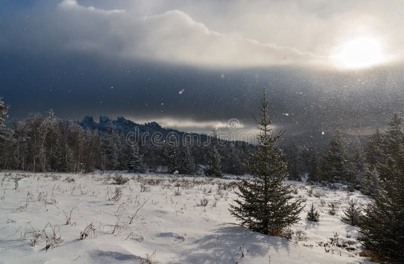 Snowfall in mountains stock image. Image of snowfall - 62333175