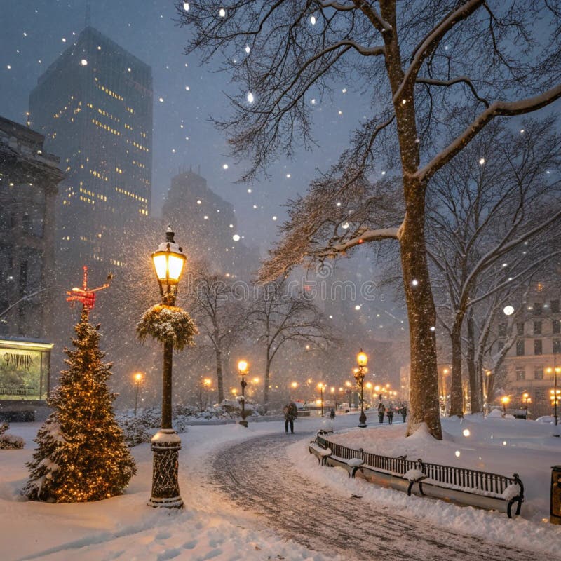 Snowfall in the Night City in Winter Stock Illustration - Illustration ...