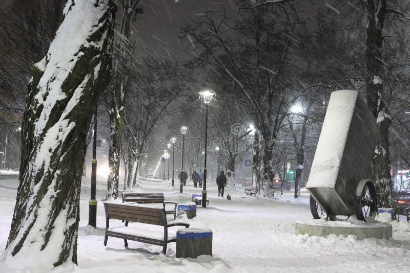 Snowfall in the night city stock image. Image of snowfall - 263747003
