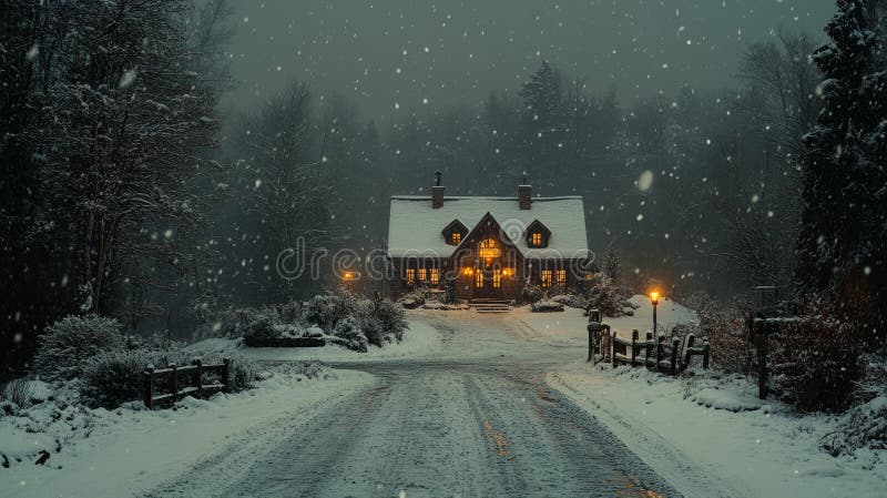 Snowfall Over House in Countryside Stock Illustration - Illustration of ...
