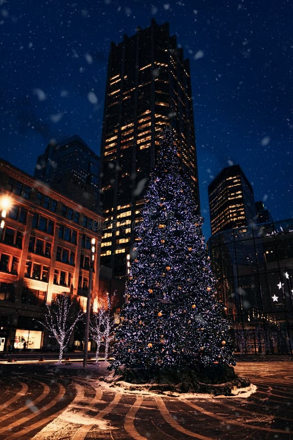 Snowfall Over an Illuminated Christmas Tree at Night Stock Image ...