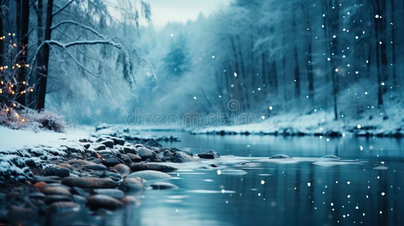 Snowfall Over a Serene River with Illuminated Tree and Frosted Forest ...