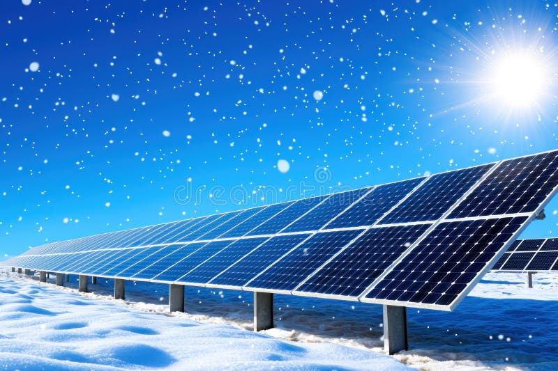 Snowfall on Solar Panel Array Under Bright Blue Sky, Creating Serene ...