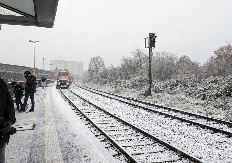 Snowfall on Train Tracks at the Train Station, S-Bahn, Arriving ...