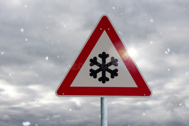 Road Sign Snow Warns of Snow and Ice in Winter, Warning Sign Stock ...