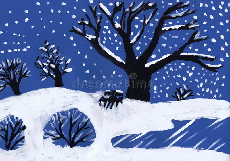 Snowfall in the Winter Park. Children`s Drawing Stock Image - Image of ...