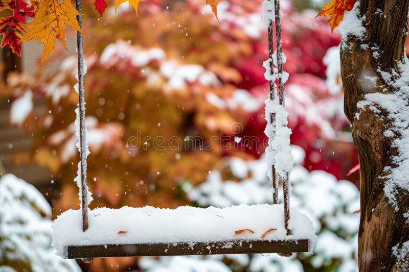 Snowfilled Tree Swing with a Backdrop of Red and Gold Leaves Stock ...