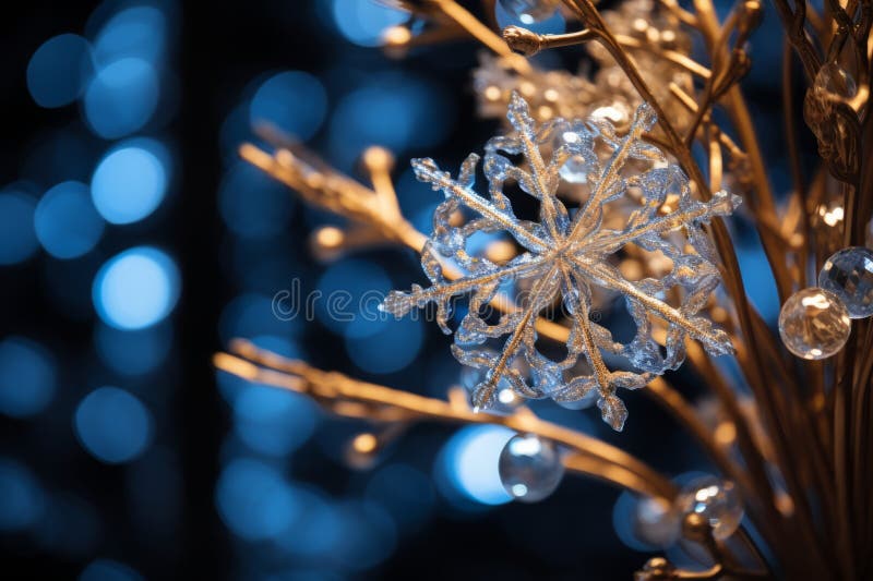 A Snowflake on a Branch with Lights Behind it Stock Illustration ...