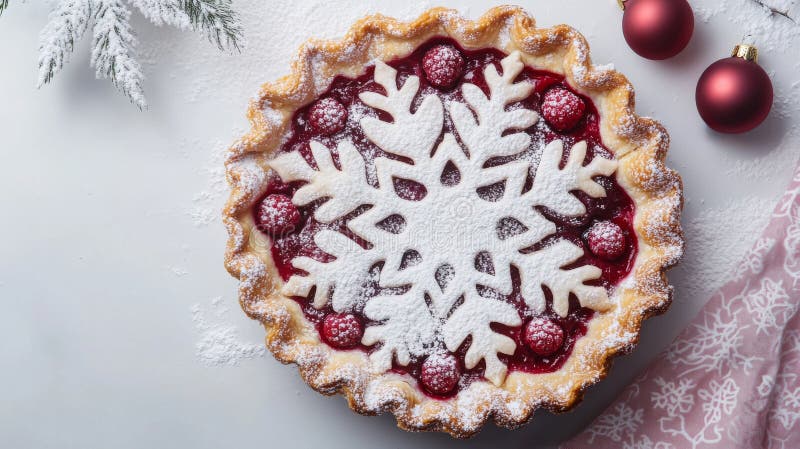 Snowflake Decorated Raspberry Pie with Powdered Sugar. Festive Holiday ...