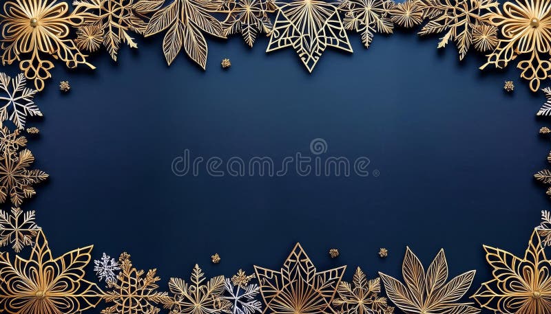 Snowflake Frame, Card Template, Golden Line Art on Navy Background ...