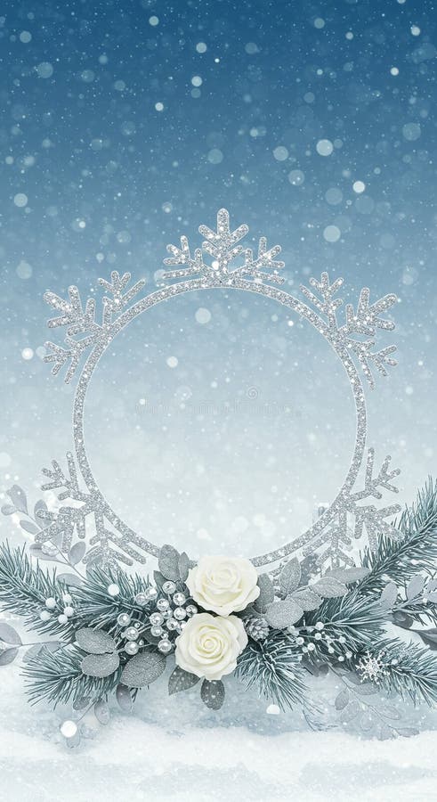 Snowflake Frame with White Roses and Snow on a Blue Gradient Background ...