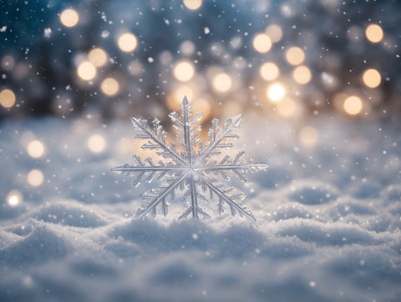 Snowflake Ice Crystal Shape Blurry Lights and Snow Falling on a Cold ...