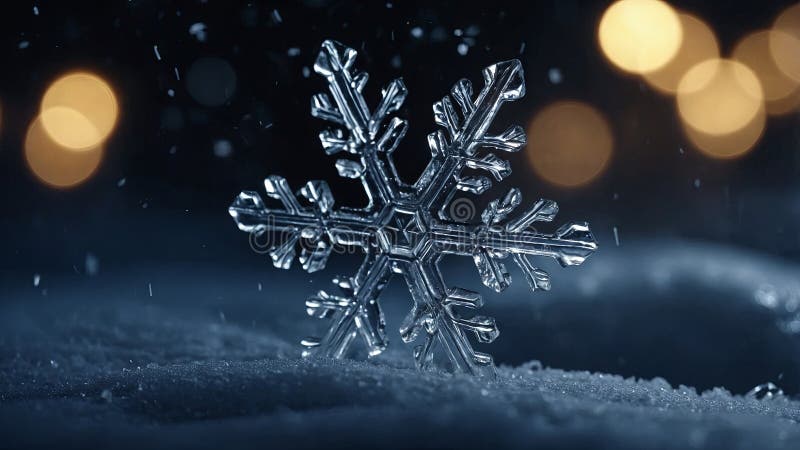 Snowflake Ice Crystal Shape Blurry Lights and Snow Falling on a Cold ...