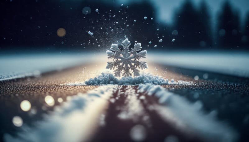 Snowflake on Road with Warm Lighting and Snow Flurries on Winter Day ...