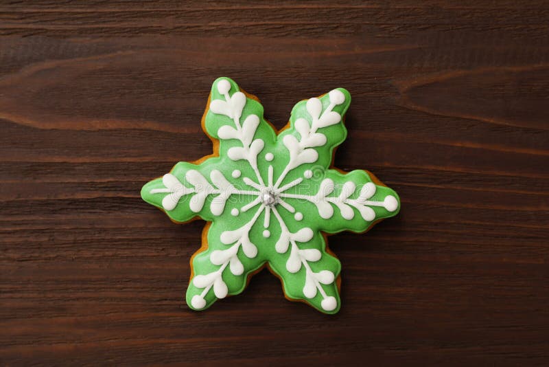 Snowflake Shaped Christmas Cookie on Table, Top View Stock Photo ...