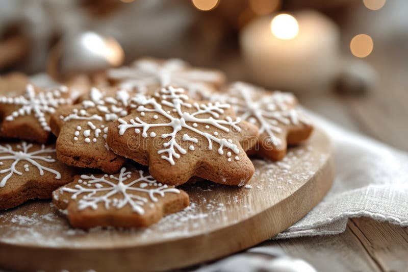 Snowflake Shaped Gingerbread Cookies Decorated with White Icing Stock ...