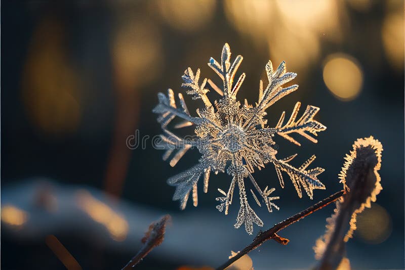 A Snowflake is Shown on a Branch in the Sun Light of the Morning Light ...